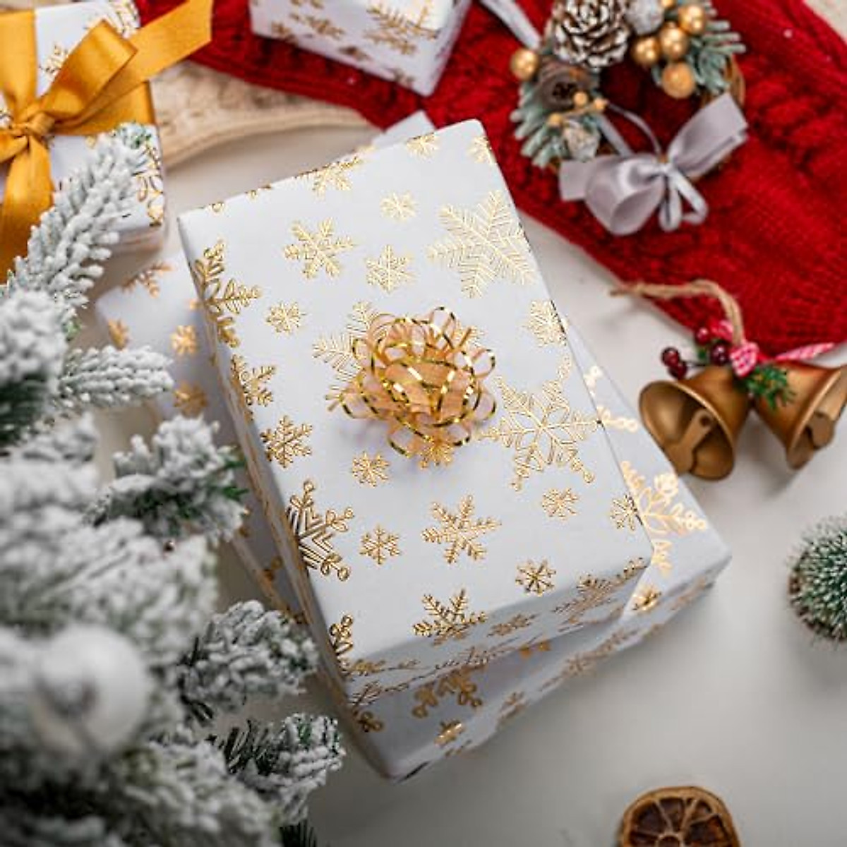 Homeral Christmas Mini Wrapping Paper Roll-17inch x 16.5ft Embossing White with Gold Foil Snowflakes for Christmas,Birthday,Wedding,Baby Shower,Valentine's, Bridal Shower,Party