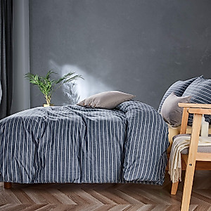 JELLYMONI Pinstriped 100% Washed Cotton Linen Like Duvet Cover Set, 3 Pieces Luxury Soft Bedding Set with Buttons Closure, Blue Stripes Pattern Printed Duvet Cover King Size(No Comforter)