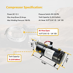DC 12V MAX 150PSI Air Compressor with 3 Liter Tank 0.8 Gallon | Fit for Train Truck Horns Motorhome Tires | Inflator Air Compressor with 3L Tank Train Air Horn Kit