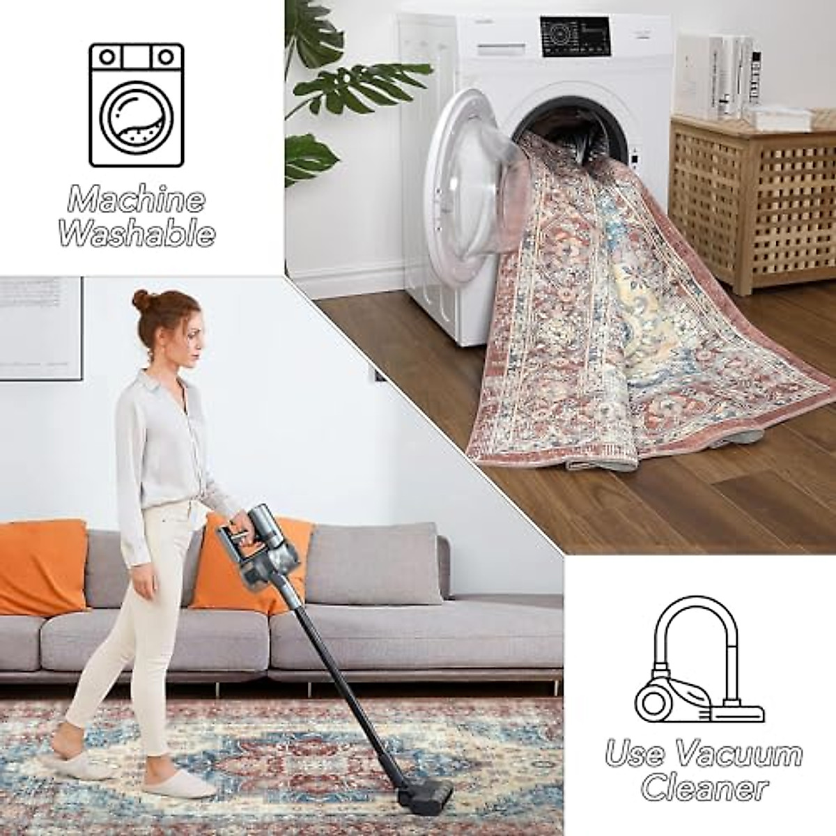 ROYHOME 8x10 Area Rug for Living Room, Bedroom, Dining Room - Vintage Washable Low Pile Non-Slip Large Rug