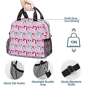 Insulated Lunch Bag for Boys Girls, Leakproof Reusable Kids Lunch Box Container with Detachable Buckled Handle, Portable Cooler Lunch Tote with Side Pocket for Work School Outdoor Adult (Pink Unicorn)