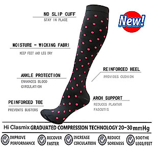 Hi Clasmix 6 Pairs Graduated Pink Compression Socks for Women&Men Circulation 20-30mmhg Knee High Sock(Multicoloured, S/M)