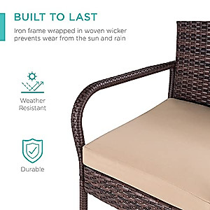 Best Choice Products Set of 2 Wicker Bar Stools, Indoor Outdoor Bar Height Chairs w/Cushion, Footrests, Armrests for Backyard, Patio, Pool, Garden, Deck - Brown
