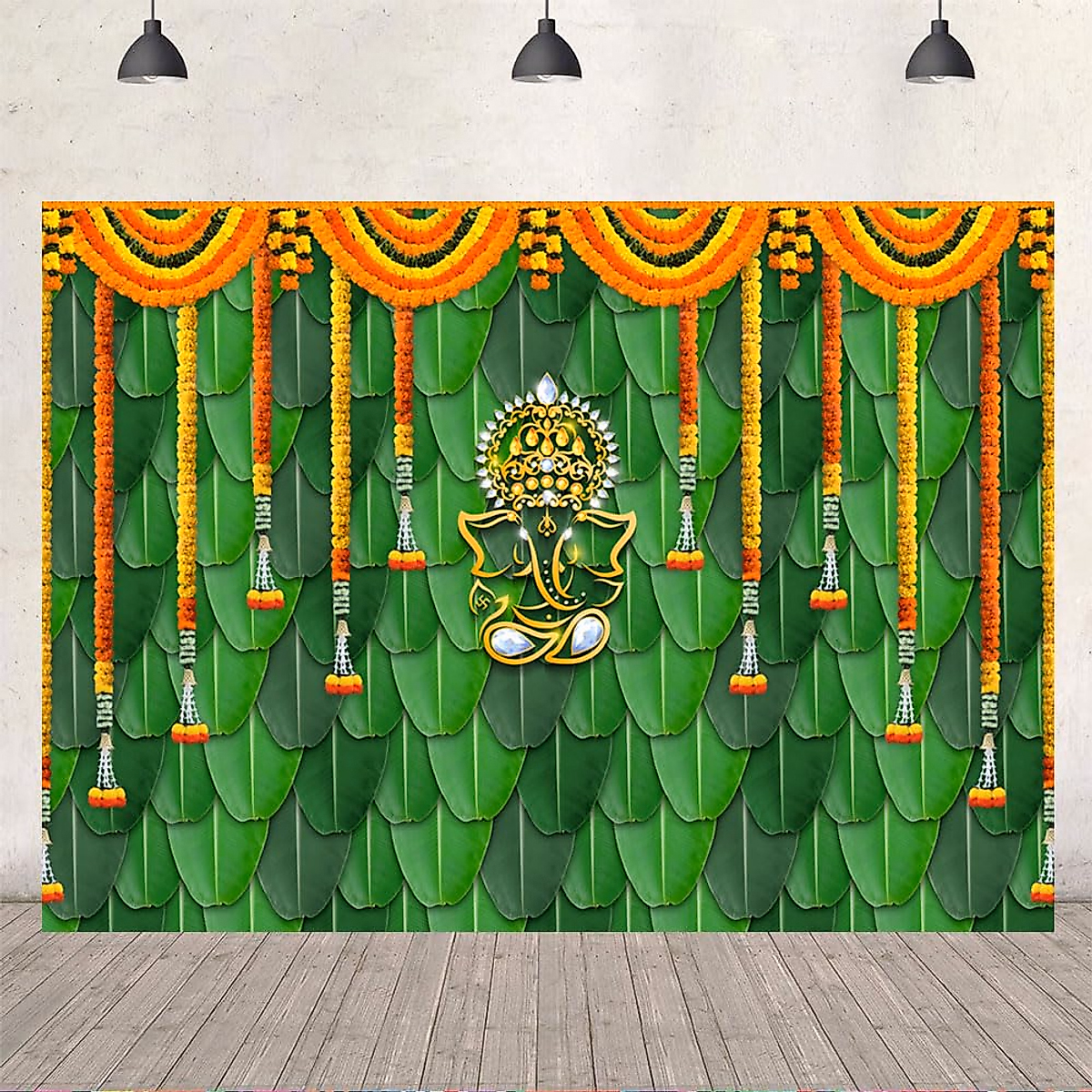 Ticuenicoa India Pooja Traditional Backdrop 7x5ft Banana Leaf Green Chatiya Ganesh Photography Background Puja Ganpati Pooja Mehndi backdrops Wedding Party Decorations Marigold Garlands Photo Props