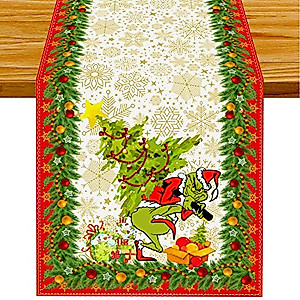 Linen Grinch Christmas Decorations Christmas Table Runner Merry Grinchmas Grinch Table Runner Tablecloth Christmas Xmas Winter Holiday Home Kitchen Dining Room Table Decorations 13x72 Inch