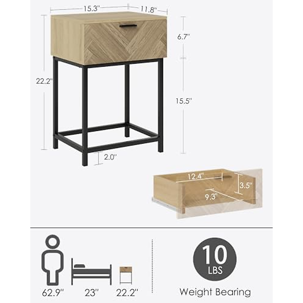 Masupu Nightstand,Bedside Tables with Storage Drawer,Tall Nightstand with Herringbone Pattern,Bedside Furniture,Small Side Table for Small Spaces, Bedroom, Living Room, Rustic Oak