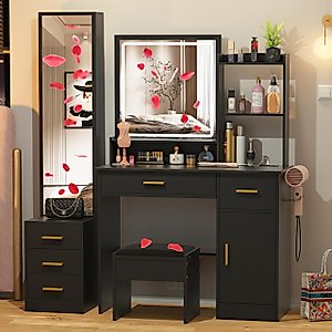 INTERGREAT Vanity Desk with Light and 2 Mirror,Makeup Vanity with 3 Color Lighting Mode,6 Drawers and Shelves,Makeup Mirror for Women and Grils' Bedroom(Black)