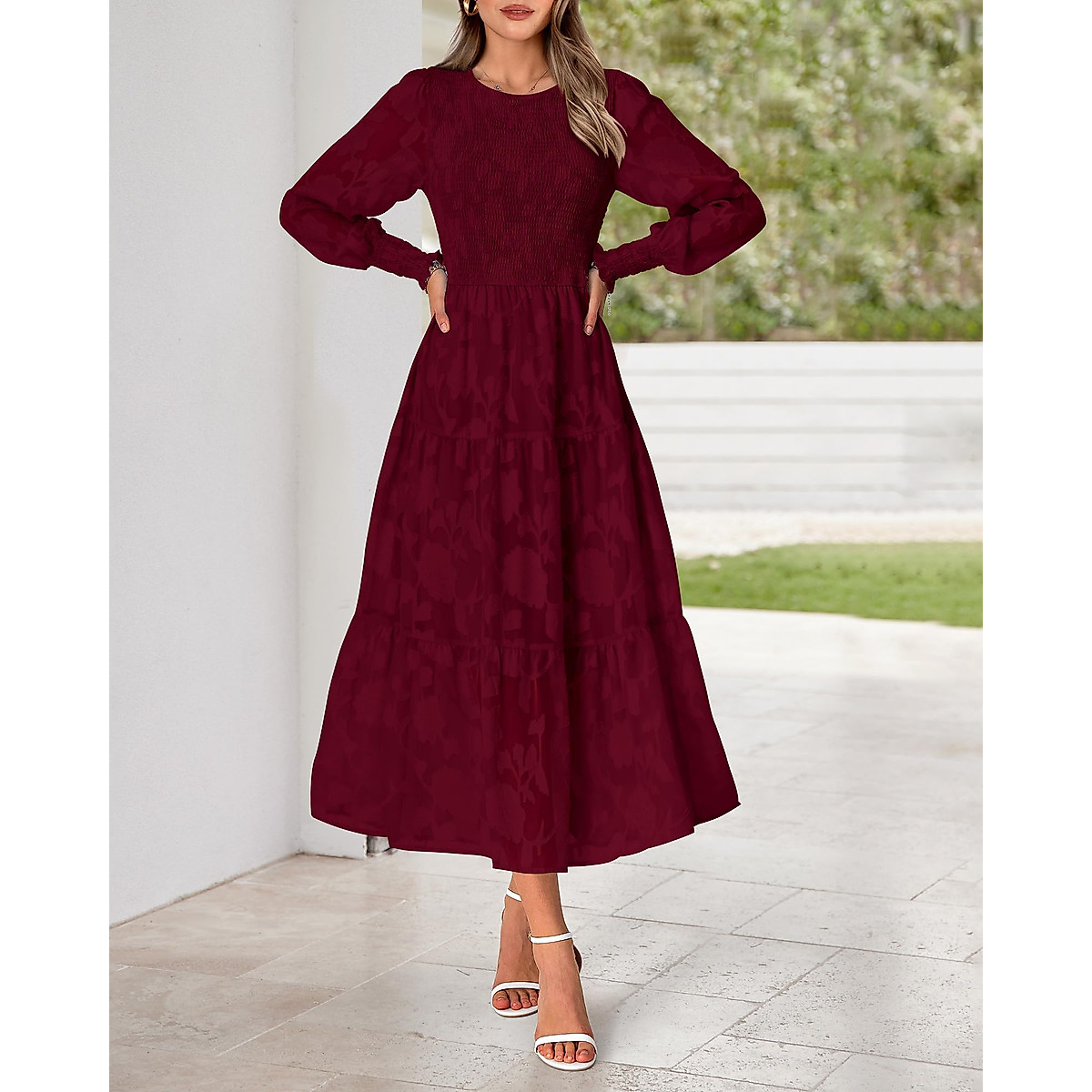 BTFBM Casual Women's 2025 Fall Dresses Elegant Wedding Guest Dress Long Sleeve Floral Midi Dress Flowy Bohemian Long Dress(Wine Red,Large)