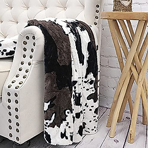 Home Soft Things Cow Print Blanket Throws Animal Black White Brown Throw for Chair Bedroom Living Room Sofa Couch Bed Outdoor Double Sided Faux Fur Fleece Soft Cozy Throw Blanket, 50" x 60"