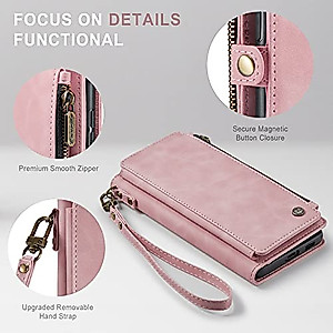 Defencase Samsung Galaxy S23 Plus/ S23+ Case, Samsung S23 Plus Wallet Case for Women Men, Fashion PU Leather Magnetic Flip Strap Zipper Card Holder Phone Case for Galaxy S23 Plus, Elegant Rose Pink