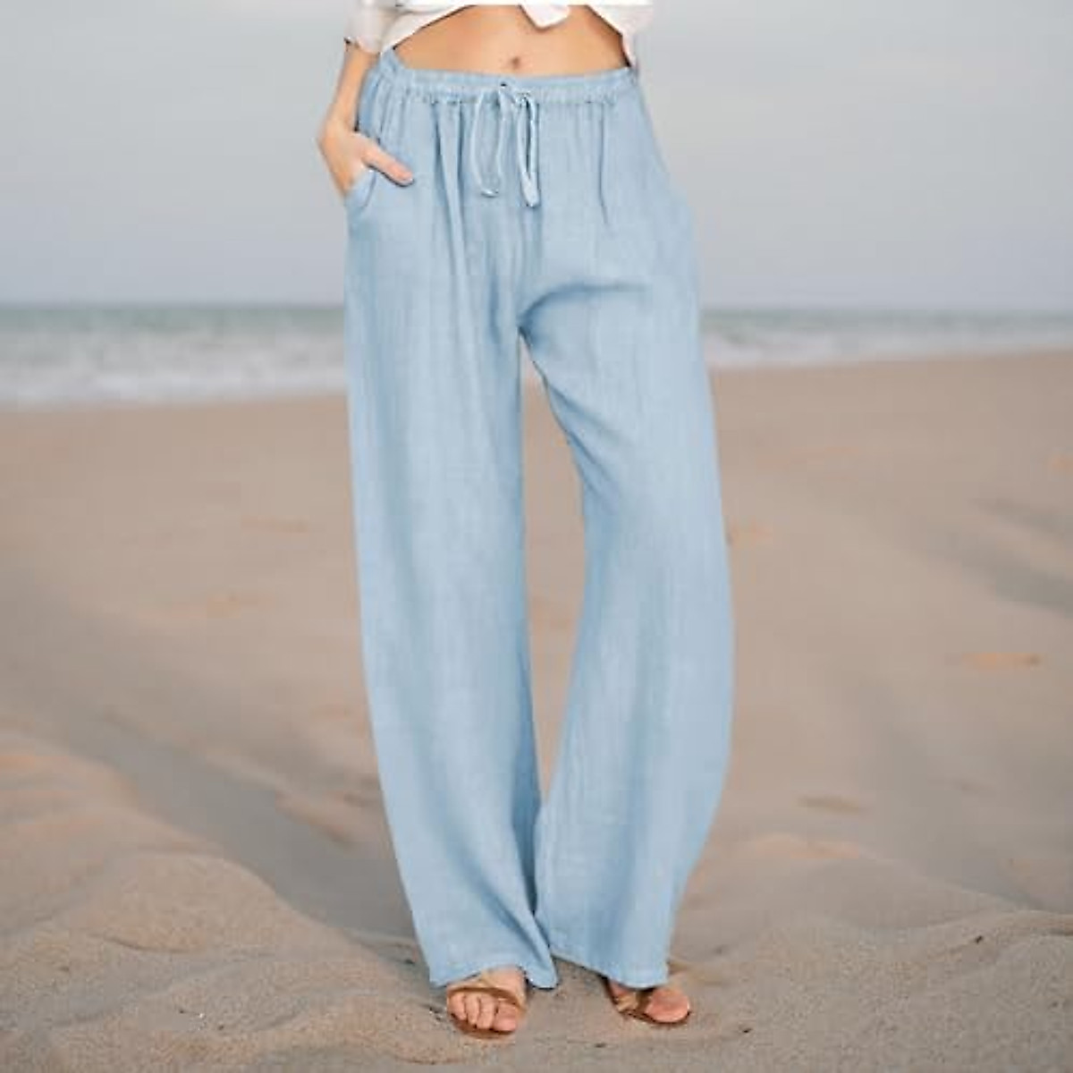 Capri Pants for Women Casual 2023 Summer Drawstring Elastic High Waist Linen Pant Straight Wide Leg Cropped Trouser high Waisted Wide Leg Pants Sky Blue XL