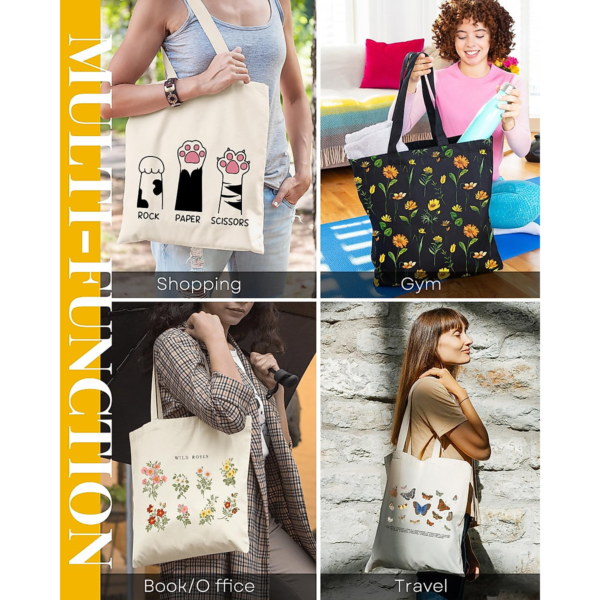 AUSVKAI Canvas Tote Bag Aesthetic for Women, Cute Cat Reusable Cloth Cotton Bags for Shopping college Beach Trendy Gifts