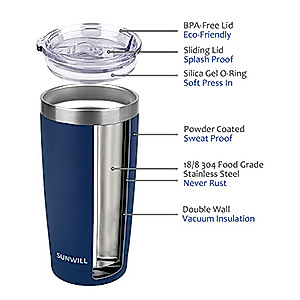 SUNWILL 20oz Tumbler with Lid, Stainless Steel Vacuum Insulated Double Wall Travel Tumbler, Durable Insulated Coffee Mug, Powder Coated Navy, Thermal Cup with Splash Proof Sliding Lid