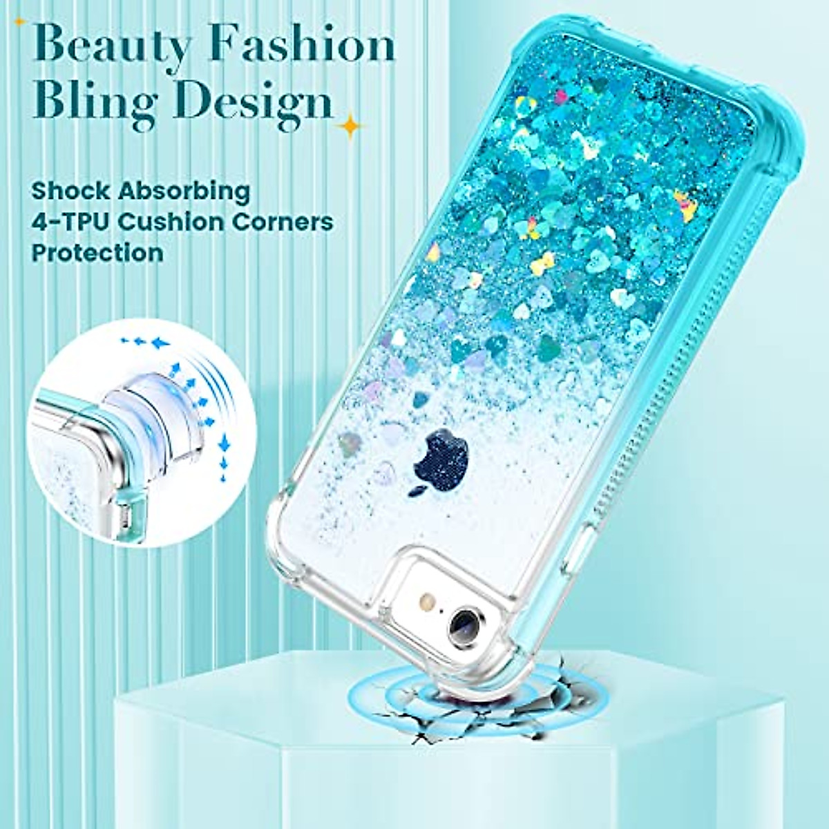Ruky iPhone 6 6s 7 8 Case, iPhone SE 2020 Case, Glitter Full Body Rugged Liquid Cover with Built-in Screen Protector Shockproof Heavy Duty Girls Women Case for iPhone SE 2022 4.7” (Gradient Teal)