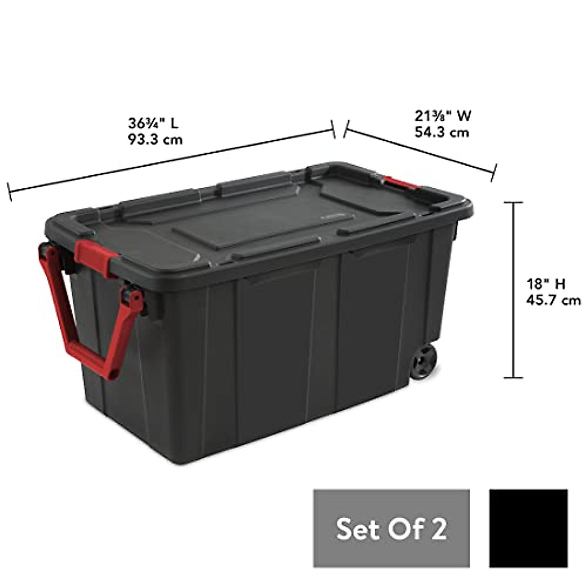 CLAYAT 40 Gal/151 Liter Wheeled Industrial Tote, Rolling Storage Bins for Basement/Garage/Attic Storage Tote Container Bin with Black Lid & Base w/Racer Red Handle & Latches, Set of 2
