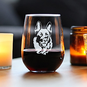 German Shepherd Happy Face Stemless Wine Glass - Cute Gifts for Dog Lovers with German Shepherds - Large Glasses