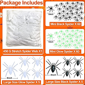 1500 sqft Halloween Spider Web Decorations Super Stretch Cobweb with 130 Plastic Fake Spiders Glow in The Dark Halloween Decorations Indoor Outdoor Party Supplies Haunted House Decor (450g)