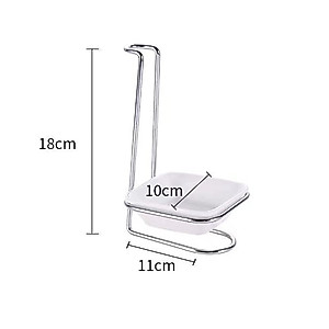2Pcs Stainless Steel Standing Spoon Rest Stand with Ceramic Spoon Rest Dish Ladle Holder Long Handle Soup Spoon Rest Stand Kitchen Utensil Holder for Kitchen Counter Organization, Silver