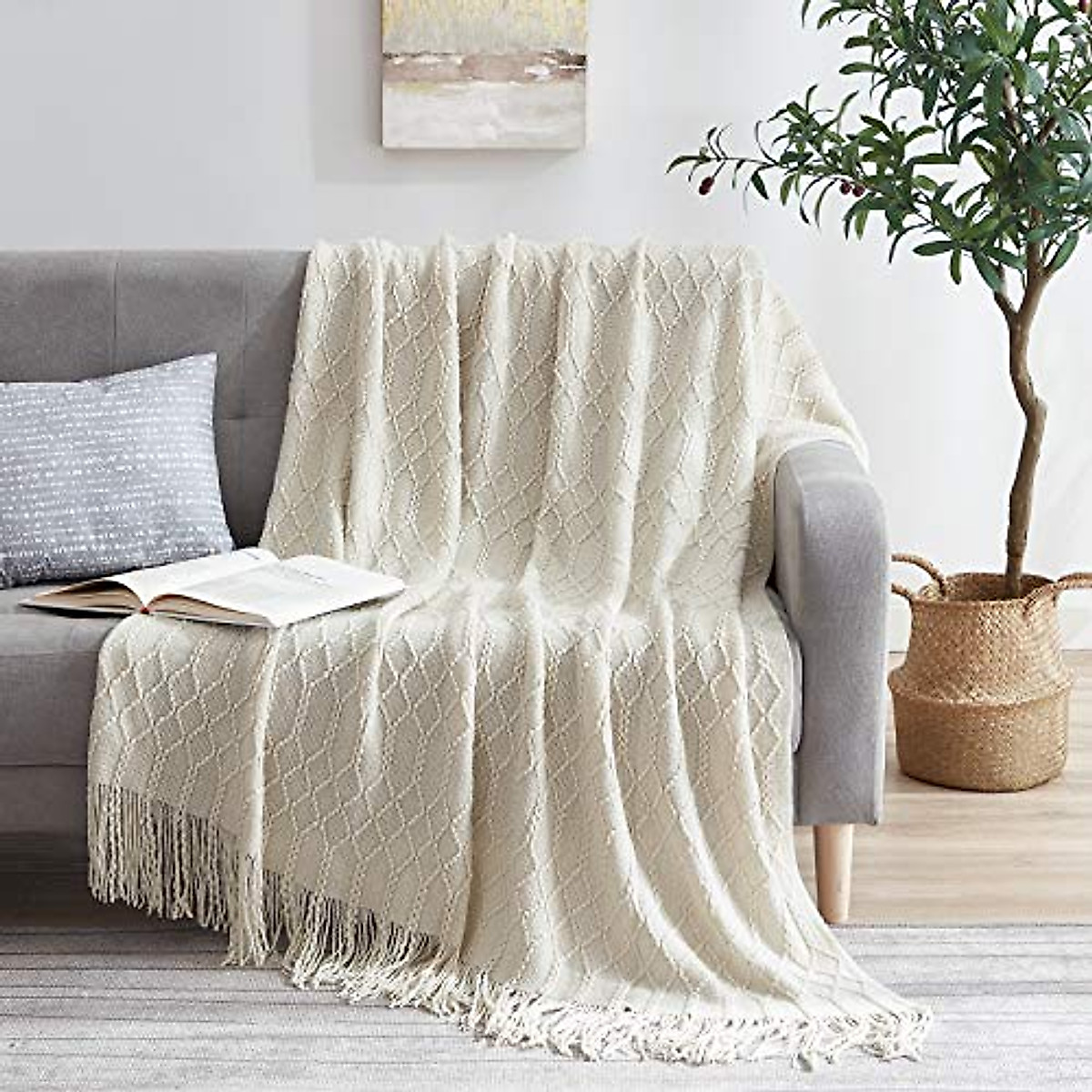 MOLLY ROCKY 100% Acrylic Knitted Throw Blanket Textured Solid Soft Decorative Throw for Sofa,Couch,Bed,50x60 Inch,Beige