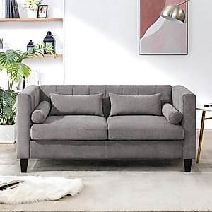 Weture 68.1 Inch Loveseat Sofa with 4 Pillows, Linen Comfy Mid Century Modern Couch for Small Spaces Bedroom, Love Seat for Living Room with Solid Wooden Frame and Padded Cushion, Gray