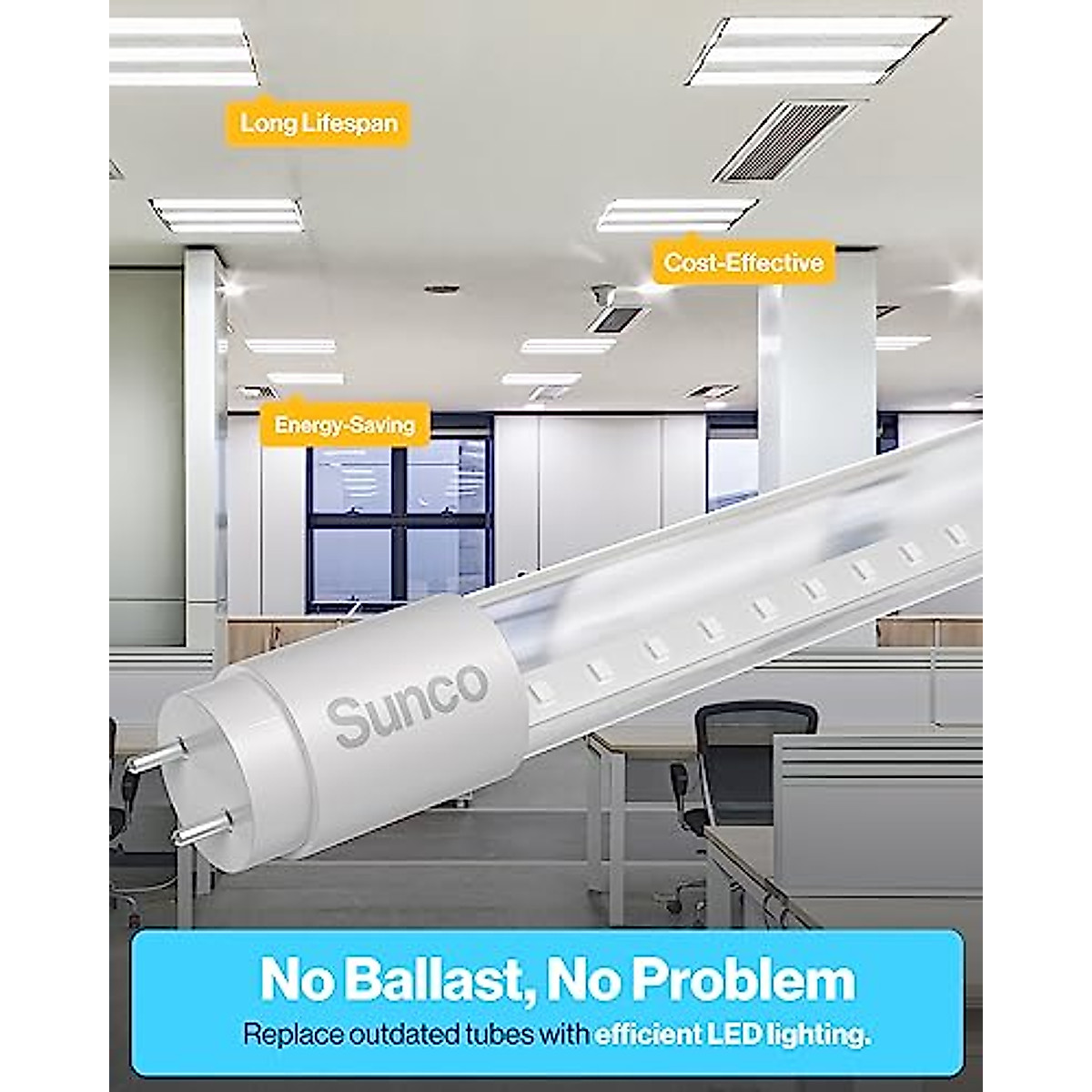 Sunco 50 Pack T8 LED Tubes 4FT Fluorescent Replacement, 48 Inch, 18W, 2200LM, 6000K Daylight Deluxe, Single Ended Power, Type B, Ballast Bypass, Clear Lens UL