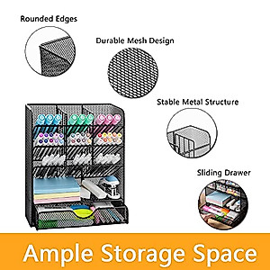 Spacrea Metal Pen Organizer, Pencil Holder for Desk, Desk Organizer with Drawer for School, Home, Art Supplies (Black)