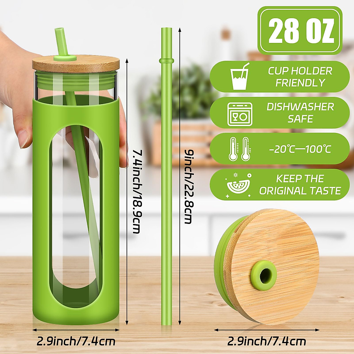 Uiifan 6 Pack 20 oz Glass Tumbler with Straw and Bamboo Lid Reusable Iced Coffee Tumbler Glass Water Bottle with Lids and Protective Sleeve Wide Mouth Water Cups for Home Office Party, 6 Colors