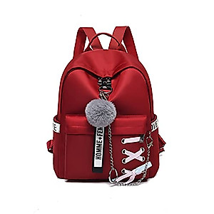 FENGJINRUHUA Mini Fashion Casual Ladies Bowknot Backpack Wallet Lightweight Travel School Shoulder Bag with Pompon (Red)