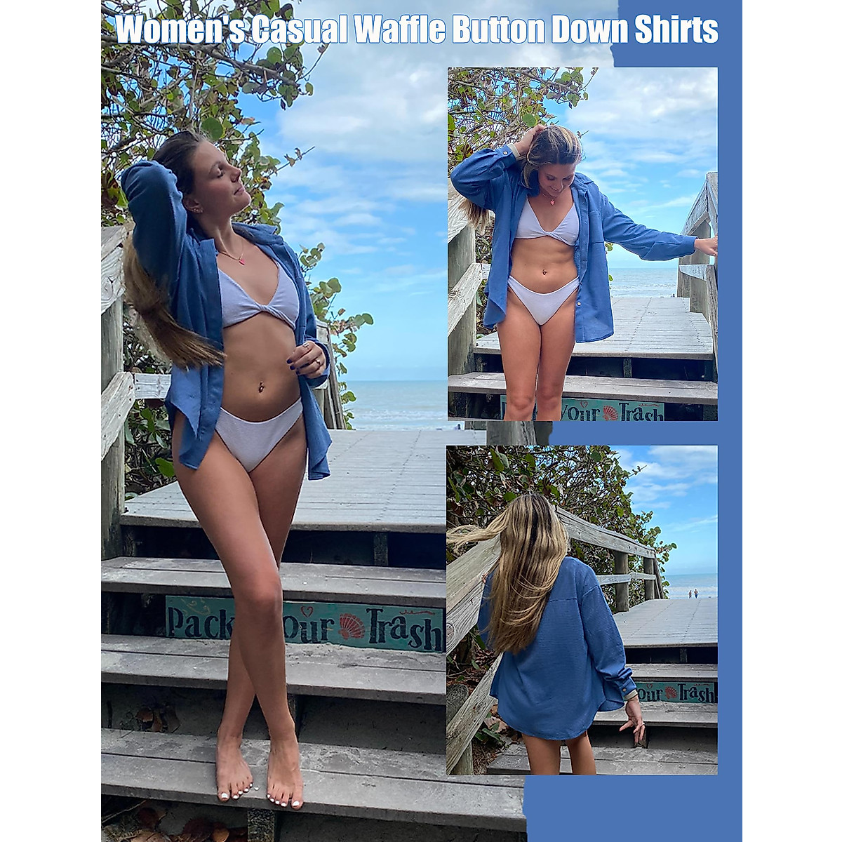 HOTOUCH Waffle Knit Shacket Womens Button Down Shirts Casual Long Sleeve V Neck Button up Blouse Clear Blue S