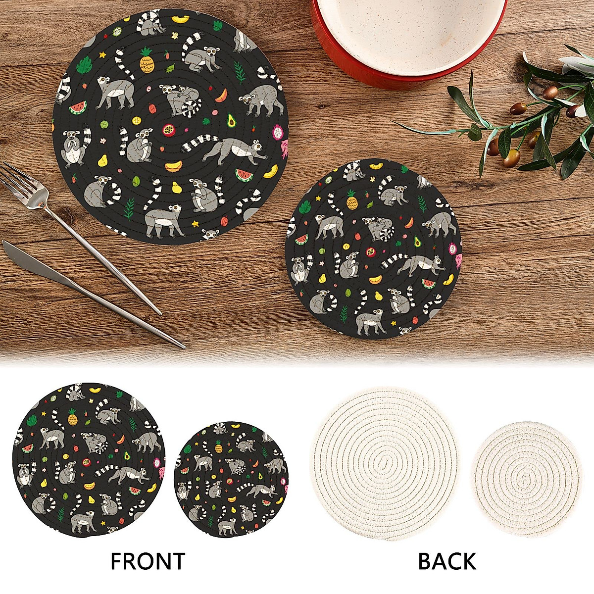 Lemur Tropical Fruits Cotton Braided Hot Pads Trivet Pot Holder for Kitchen Pot Holders Round Woven Potholders for Hot Dishes Suitable for Kitchen Farmhouse Dining Table Dining Room Party
