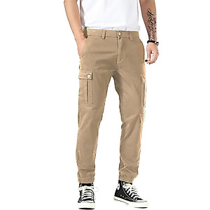 Plaid&Plain Men's Casual Cargo Joggers Sweatpants Chino Tapered Stretch Hiking Twill Pants with Pockets C803 DPK 34