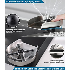 ESOW Metal Faucet Glass Rinser for Kitchen Sinks, Auto Flushing with 10 Powerful Water Spraying Holes, Bottle Washer, Cup Cleaner, Bar Accessories, Stainless Steel 304 Brushed Nickel Finish