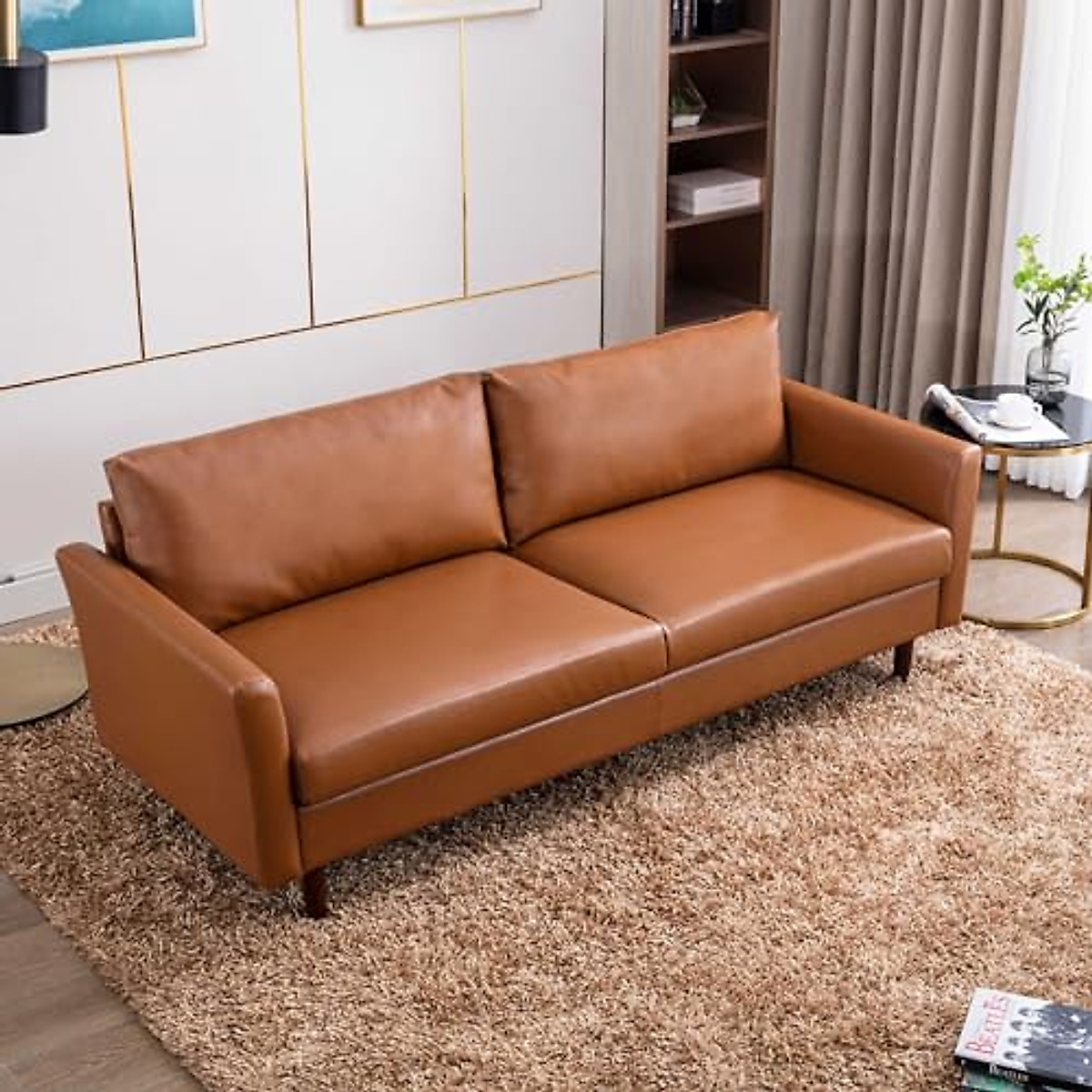 Dreamsir 80'' Faux Leather Sofa, Mid-Century Modern Loveseat Couch with Solid Wooden Frame & Padded Cushions, 3-Seater Sofa Couch for Living Room, Apartment, Lounge Room (Brown)