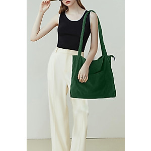 Corduroy Tote Bags for Women with Zipper and Front Pocket Shoulder Handbags Casual Canvas Purse, Green