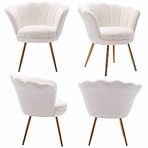 Plush Faux Fur Upholstered Living Room Chair, Comfy Mid-Century Modern Micro Fiber Vanity Chair with Gold Legs, Retro Accent Barrel Dining Chair, White
