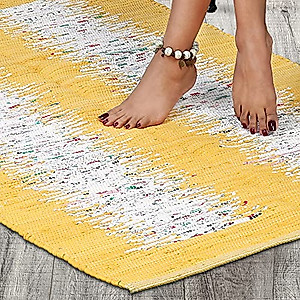SAVON Hand Woven Cotton Flatweave Area Rug 6x2 Woven Mustard Ikat Boho
