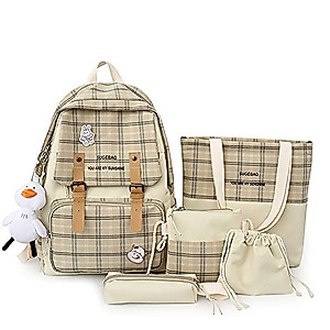 DAHUOJI 5Pcs Kawaii Backpack Set with Badge & Duck Pendant,Japanese Aesthetic Check Bookbag for Girls Cute Plaid School Bags Comes with Tote Bag,Shoulder Bag,Pencil Box,Small Bag(Khaki,16in)