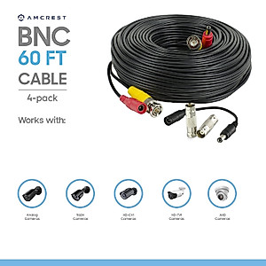 Amcrest 4-Pack 60 Feet Pre-Made All-in-One Siamese BNC Video and Power CCTV Security Camera Cable with Two Female Connectors for 960H & HD-CVI Camera and DVR (SCABLEHD60B-4pack)