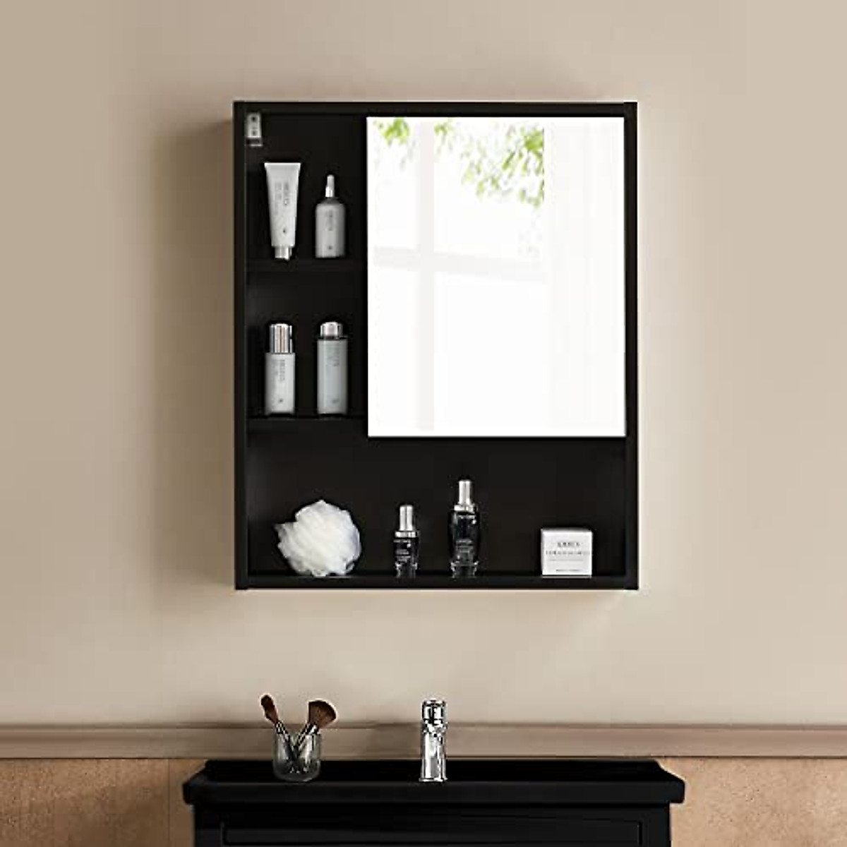 Basicwise Wall Mount Mirrored Cabinet with Open Shelf | 2 Adjustable Shelves Medicine Organizer Storage Furniture for Bathrooms, Kitchens, and Laundry Room, Black