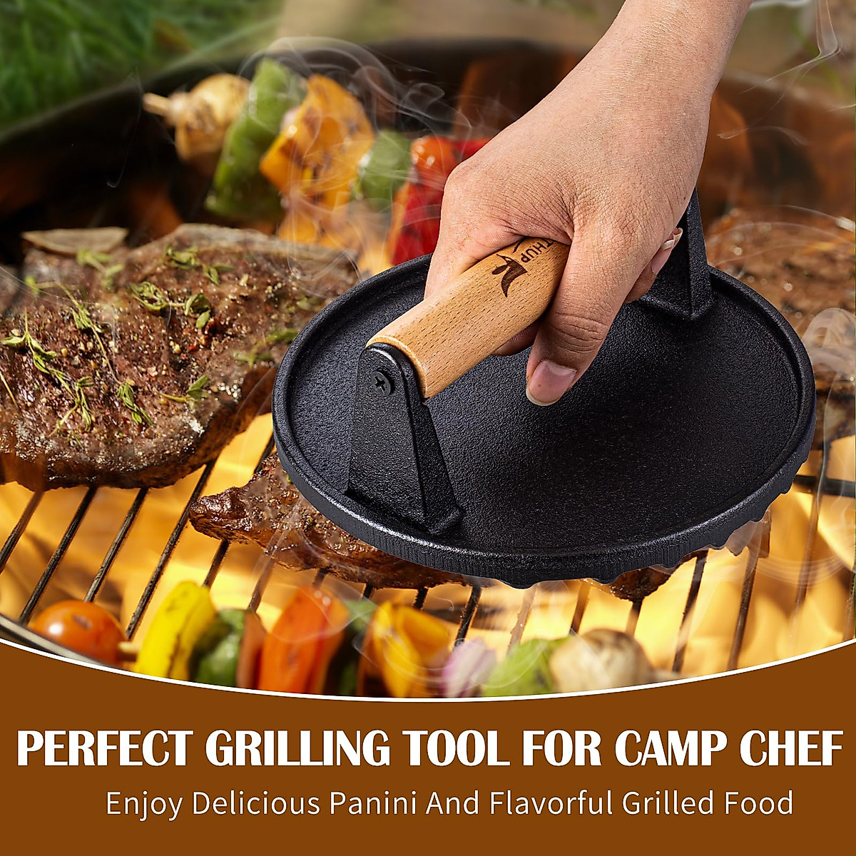 Jazzsthup Smash Burger Press, 6.88" Round Bacon Press with Wood Handle, Perfect Hamburger Press Patty Maker, Food-Grade Cast Iron Burger Smasher for Griddle incl. 20Pcs Patty Paper