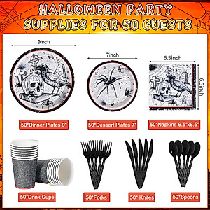 Halloween Party Plates Supplies,Disposable Vintage Skull,Spider Web Tableware Paper Plates and Napkins Cups Knives Spoons Forks for Halloween Birthday Baby Shower Party Decorations,Serve 50 Guests