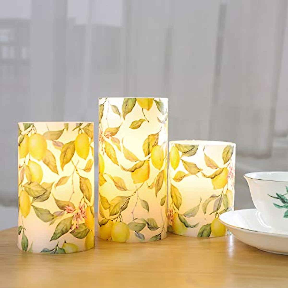 Silverstro Lemon Flameless Candles with 10-Key Remote, Lemon Tree Decal Real Wax LED Candles, Flickering Battery Operated Candles for Room Christmas Party Home Botanical Decor - Set of 3