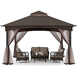 MASTERCANOPY Tool Free Patio Gazebo Screw Free Easy Installation Outdoor Garden Gazebo with Netting Walls (11x11,Dark Brown)