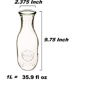 Weck Juice Jar - 35.9 fl oz. Transparent Glass Weck Jars - Eco-Friendly Milk Jar - 1L Juice Carafe Suitable for Juice Milk Water and Wine with Cork Lids and Keep Fresh Covers (1 Set)