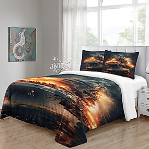 Hypoallergenic Bedding Set Cozy Battleships Comforter Covers 3D Printed Warships Quilt Cover Microfiber Duvet Cover 3 Pieces for Kids and Adults with Pillowcase Twin（173x218cm）