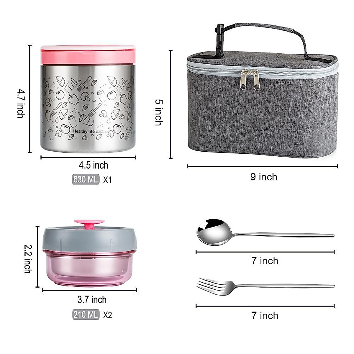 Lille Home Lunch Box Set, An Vacuum Insulated Bento/Snack Box Keeping Food Warm for 4-6 Hours, Two BPA-Free Food Containers, A Lunch Bag, A Portable Cutlery Set, Smart Diet, Weight Control (Pink)