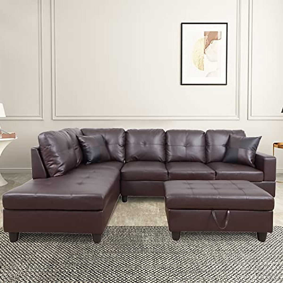 SIENWIEY Sectional Sofa Set, 103.5'' L-Shape Couch 3 PCS with Chaise and Storage Ottoman for Small Space Apartment Living Room Furniture(Brown,Left Chaise) A-brown