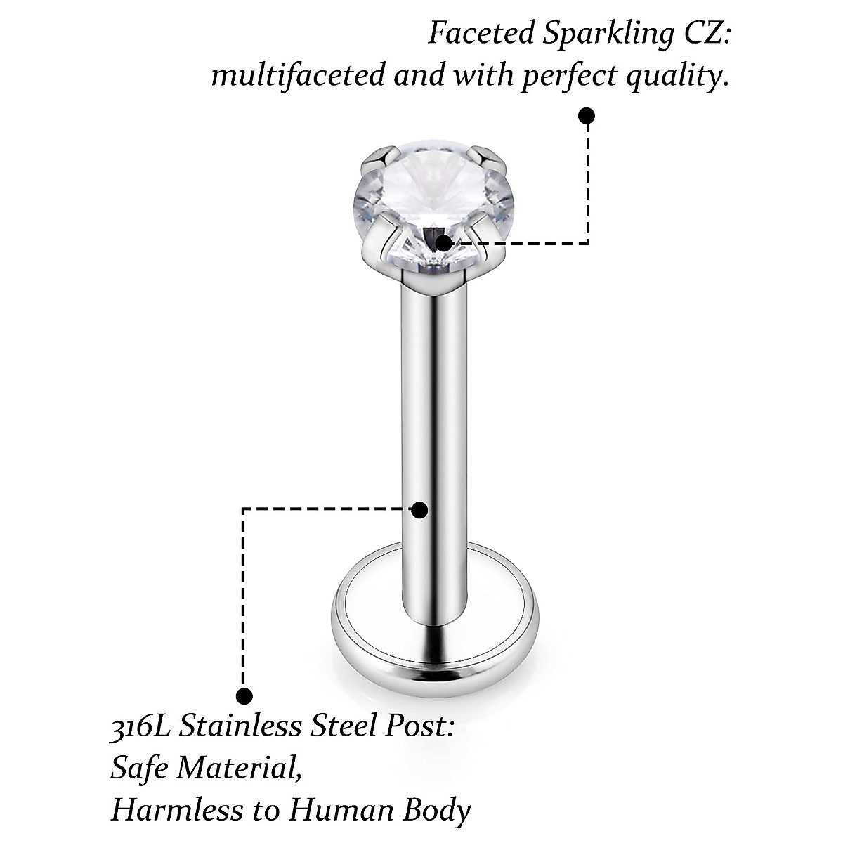 Vsnnsns 16G Lip Rings Stainless Steel Clear Cubic Zirconia Labret Monroe Lip Rings Nail Cartilage Tragus Helix Earrings Studs Ring Medusa Piercing Jewelry for Women Men 8mm