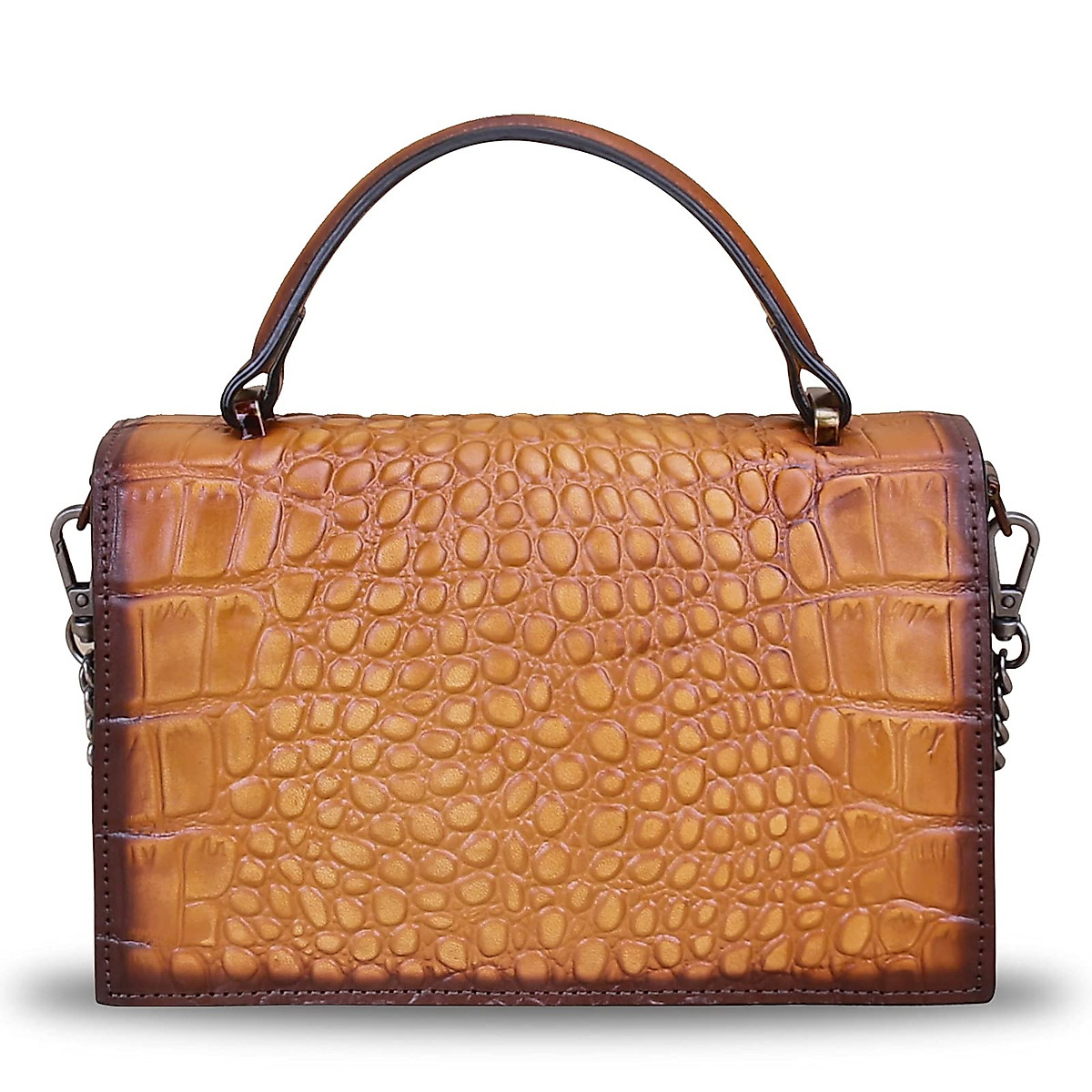 Genuine Leather Handbags for Women Retro Handmade Small Satchel Purse Luxury Top Handle Real Leather Embossed Design Crossbody Bag (Brown)