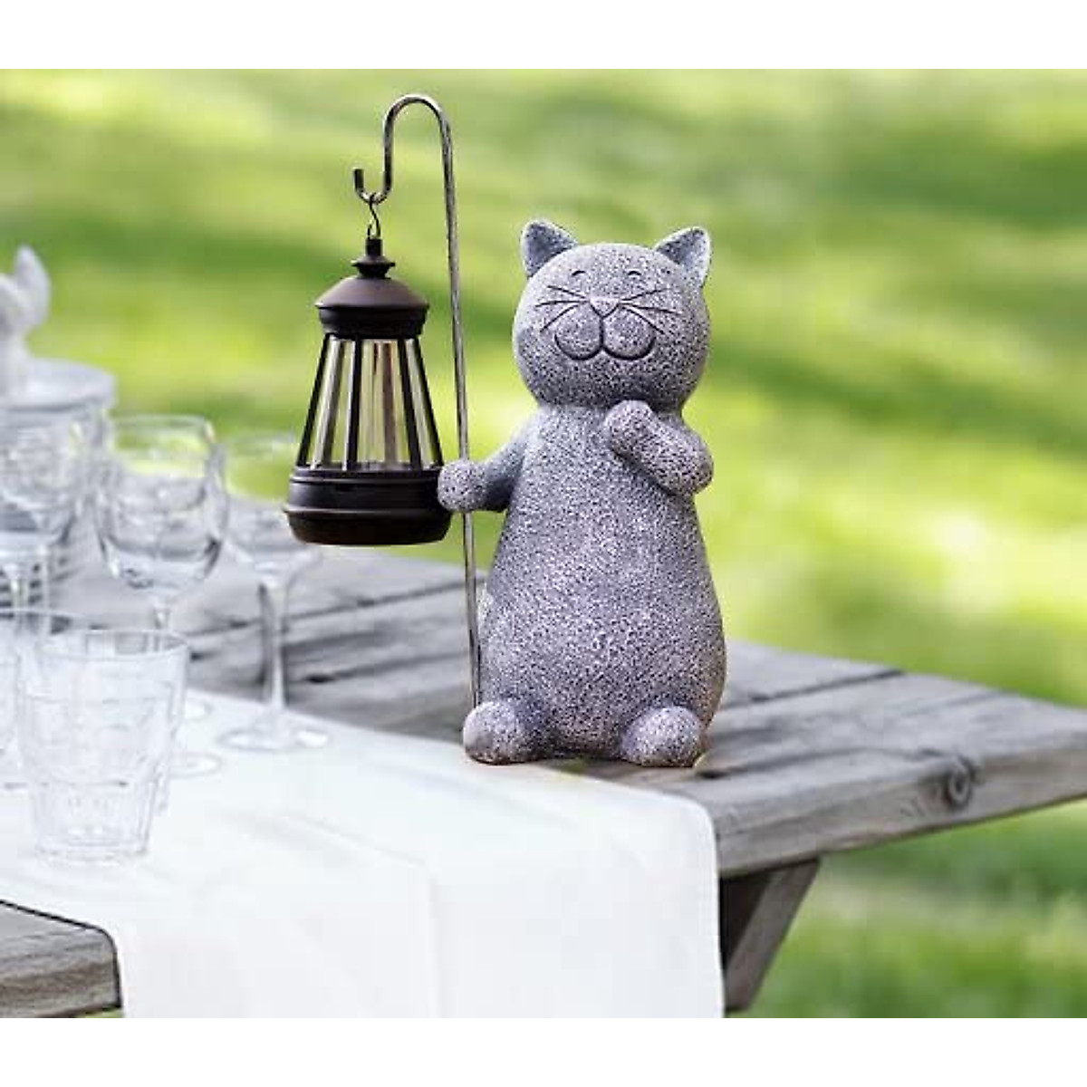 Qeeman Solar Garden Statue Cat Figurine- Garden Art with Solar Lantern, Loving Cat for Patio,Balcony,Yard, Lawn-Unique Housewarming Gift for Garden Mom Grandma